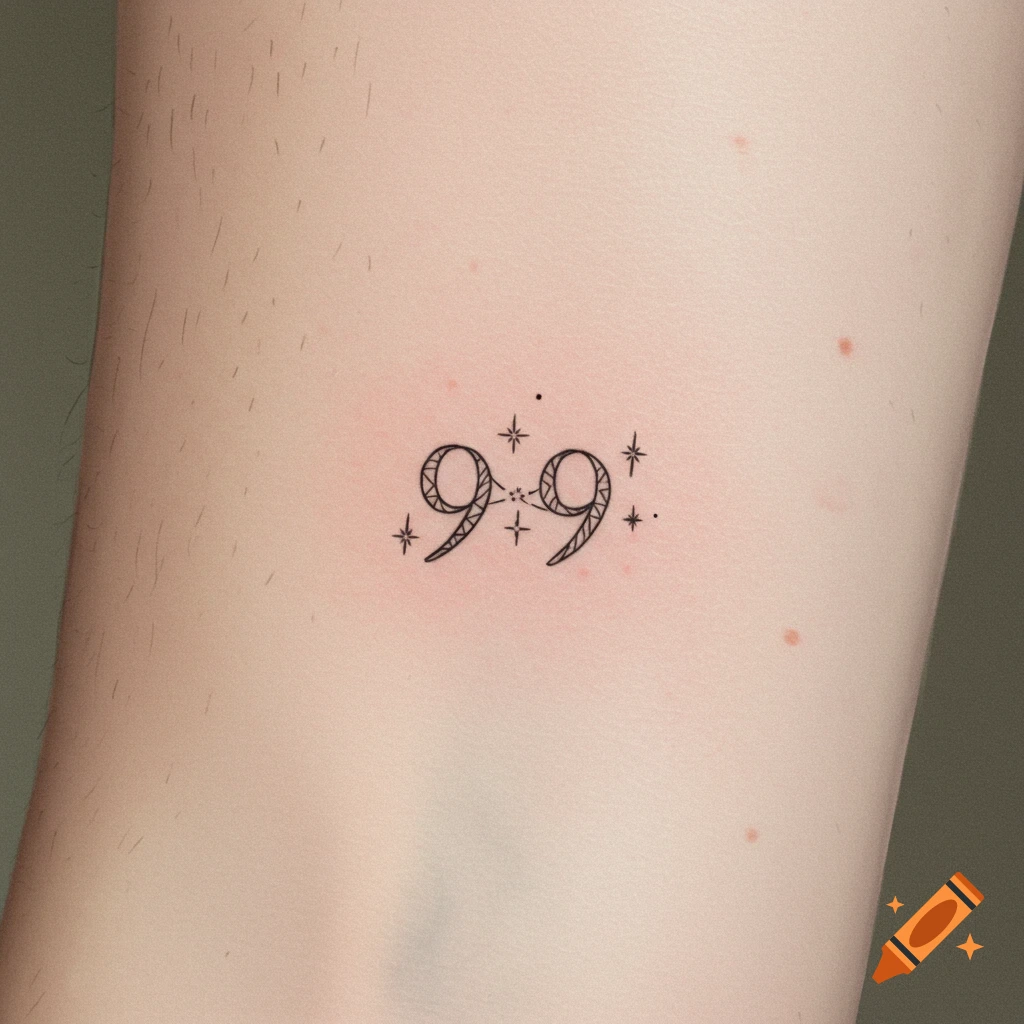 Minimalist tattoo of the numbers 99 with stars on skin. on Craiyon