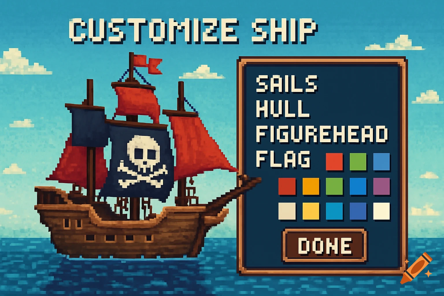 Pixel art video game customization screen for a pirate ship, showing ...
