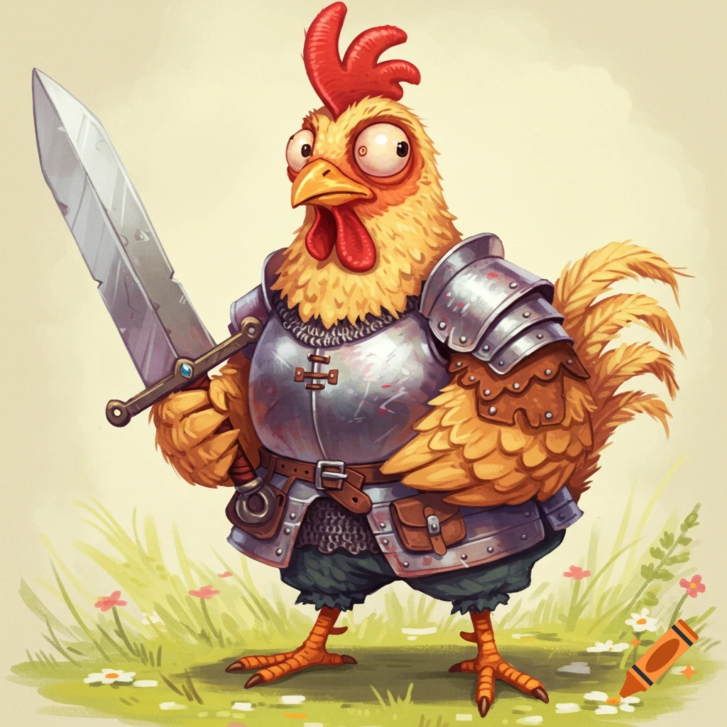 Cartoon chicken in knight armor holding a sword in a grassy field on ...