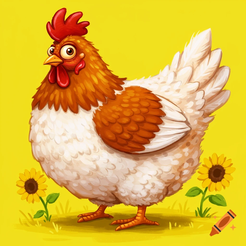 Cartoon chicken standing in front of a yellow background with ...