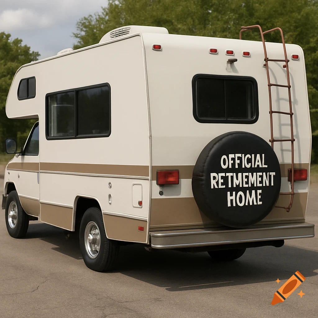 A beige and brown RV with a spare tire cover that reads 'OFFICIAL ...