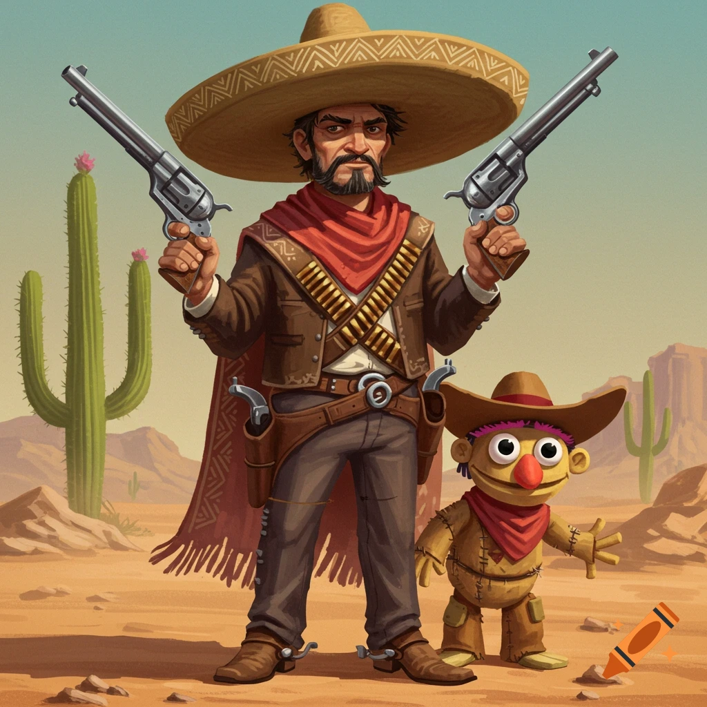 Mexican gunslinger with revolvers stands with a puppet in the desert ...