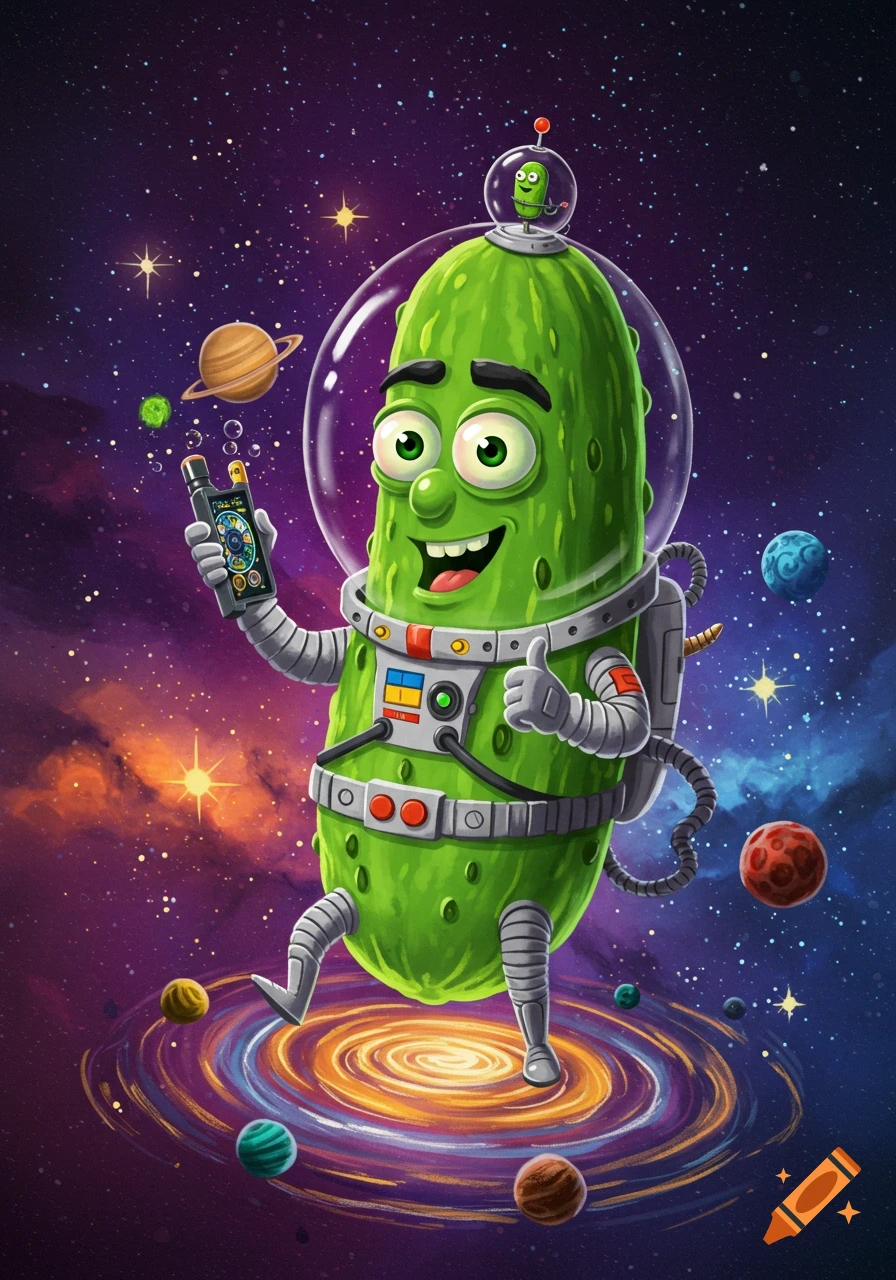 A cartoon pickle character wearing an astronaut suit floats in space ...