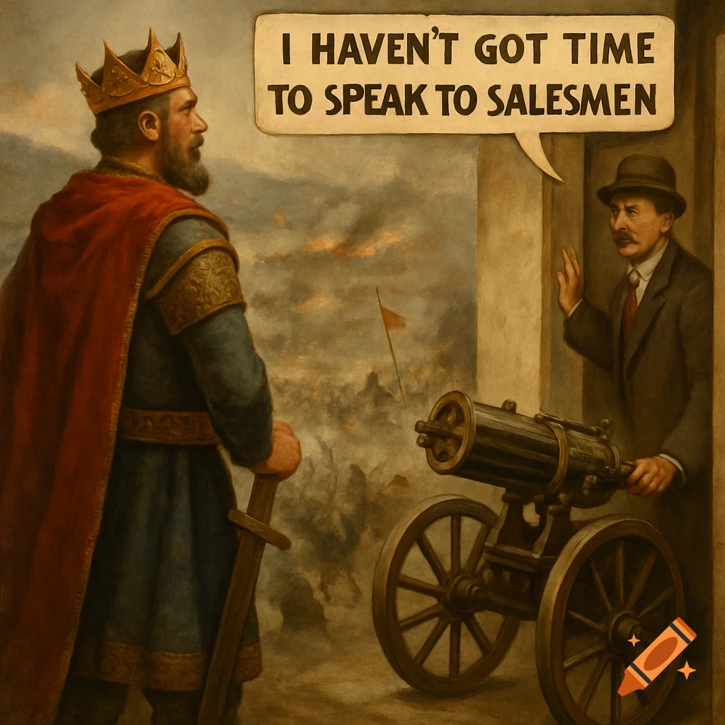 Painting of a king overlooking a battle, being offered a gatling gun by ...