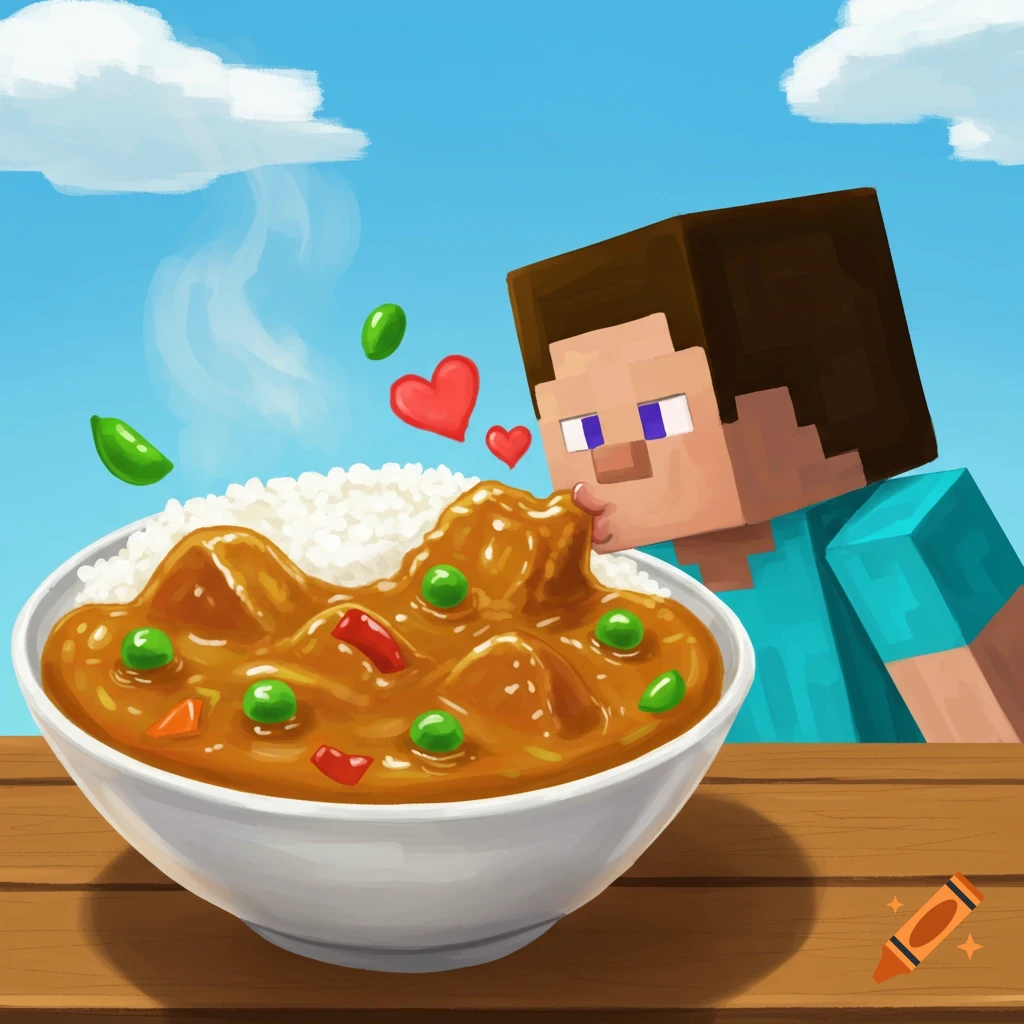 Minecraft Character Kisses A Bowl Of Curry And Rice With Hearts