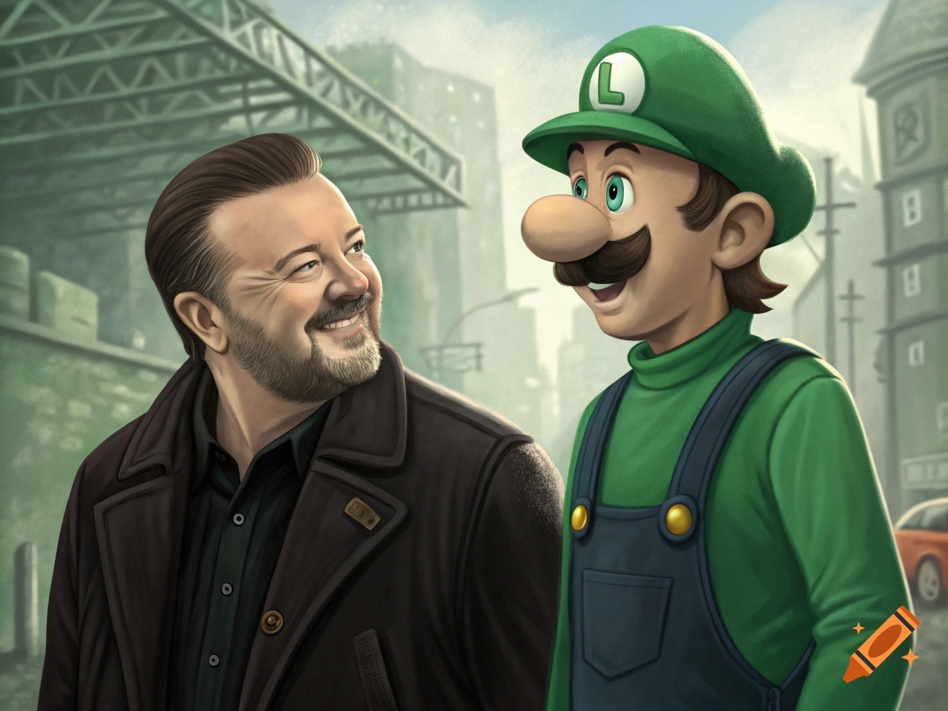 Illustration of Ricky Gervais smiling at Luigi in an urban setting. on ...