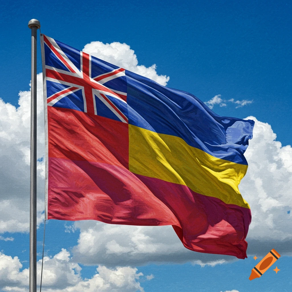 A flag combining the Union Jack and the colors of Ukraine and red ...