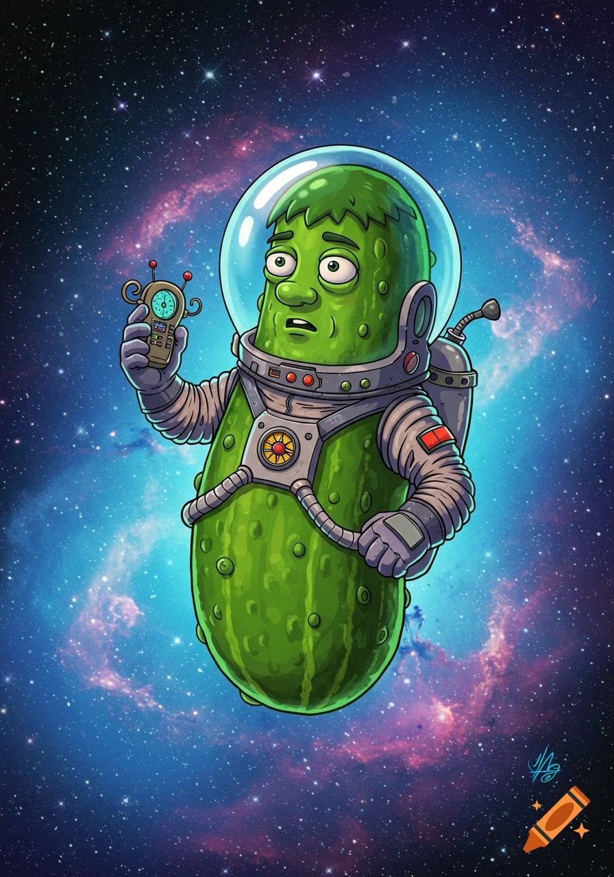 Cartoon pickle in an astronaut suit floats in space, holding a device ...