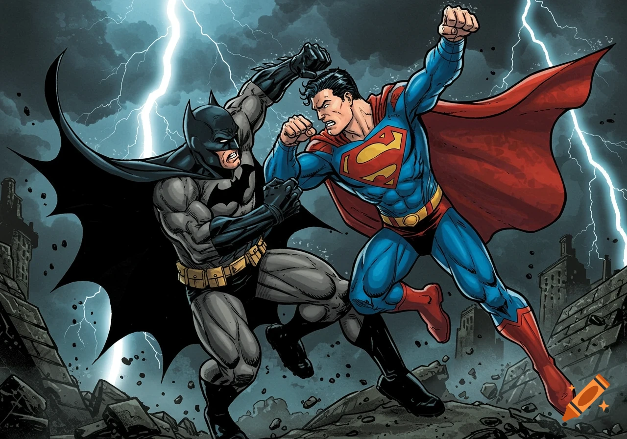 Comic book style illustration of Batman and Superman fighting during a ...