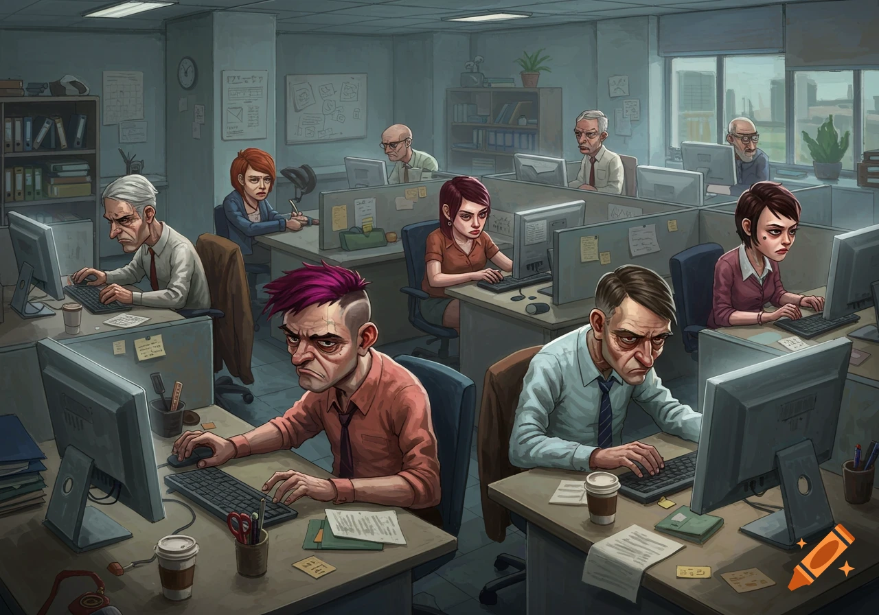 Stylized illustration of grumpy people working in a busy office at ...