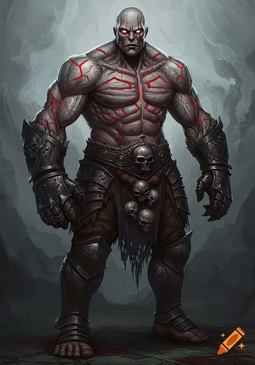 A grey-skinned fantasy warrior with glowing red eyes and crimson ...