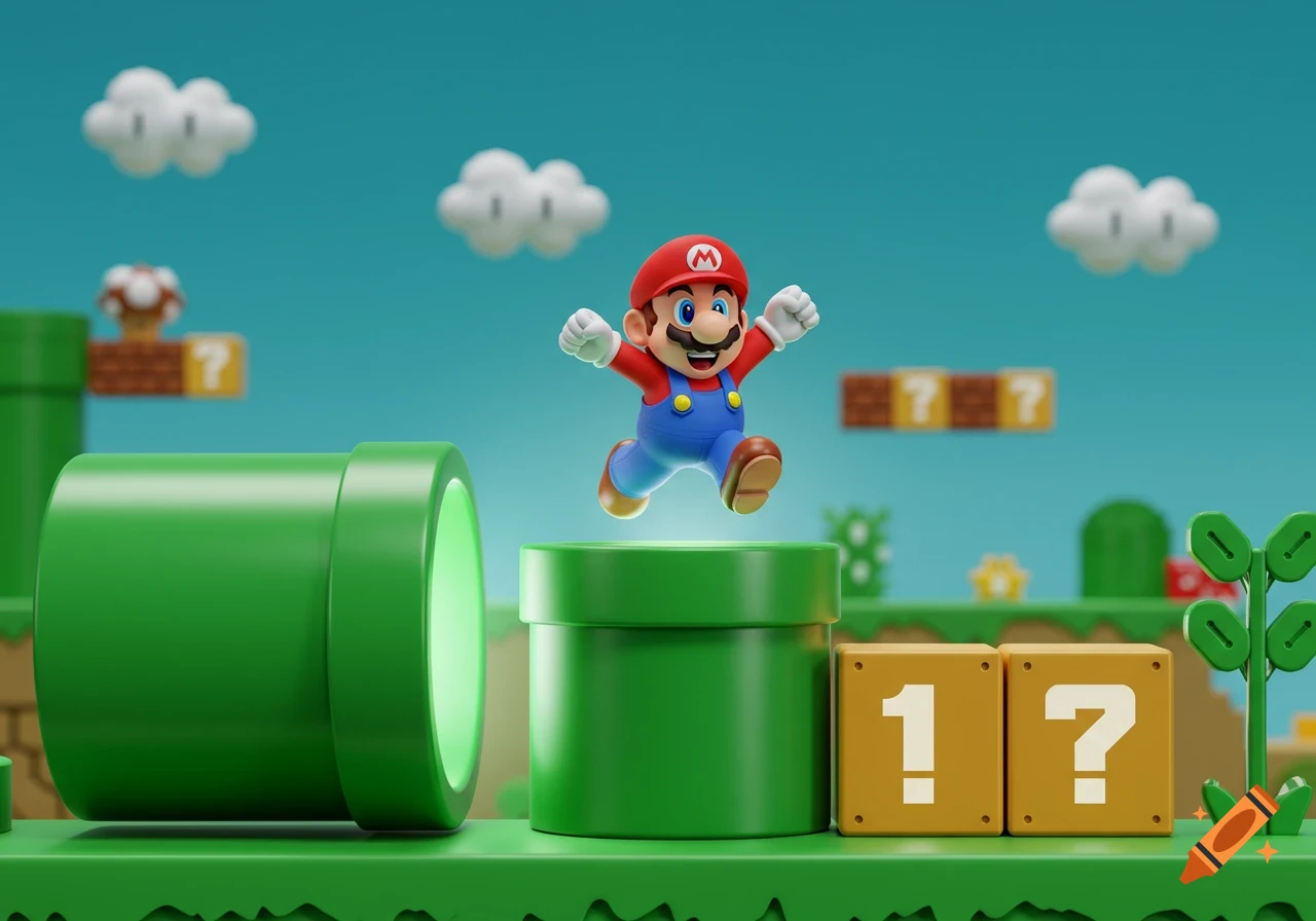 Mario jumping over a green pipe in a brightly lit Super Mario level on ...