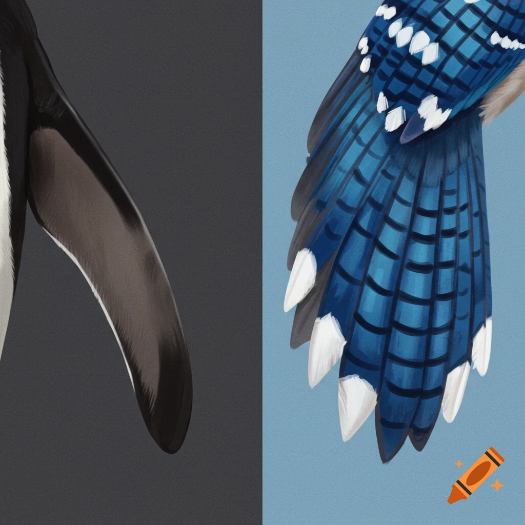Close-up illustration comparing a black penguin wing and a blue bird ...