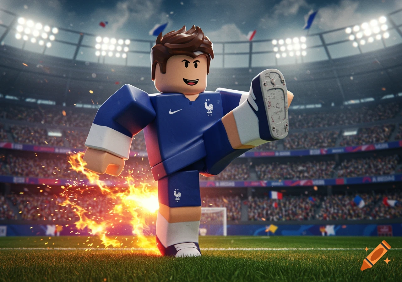 Roblox character in France soccer uniform kicking ball with sparks in a ...