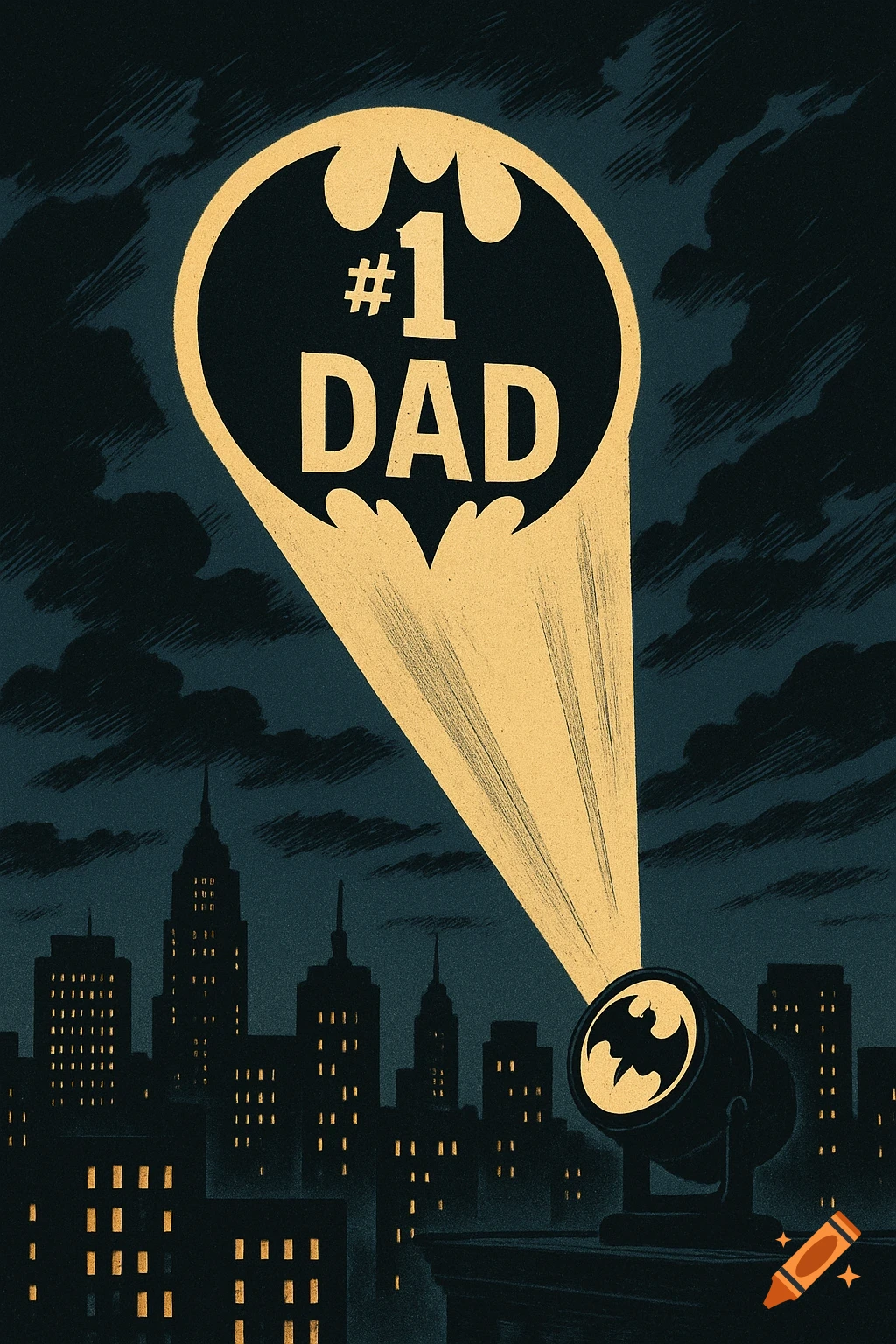A comic book style illustration of the Bat-Signal shining "#1 DAD" over ...