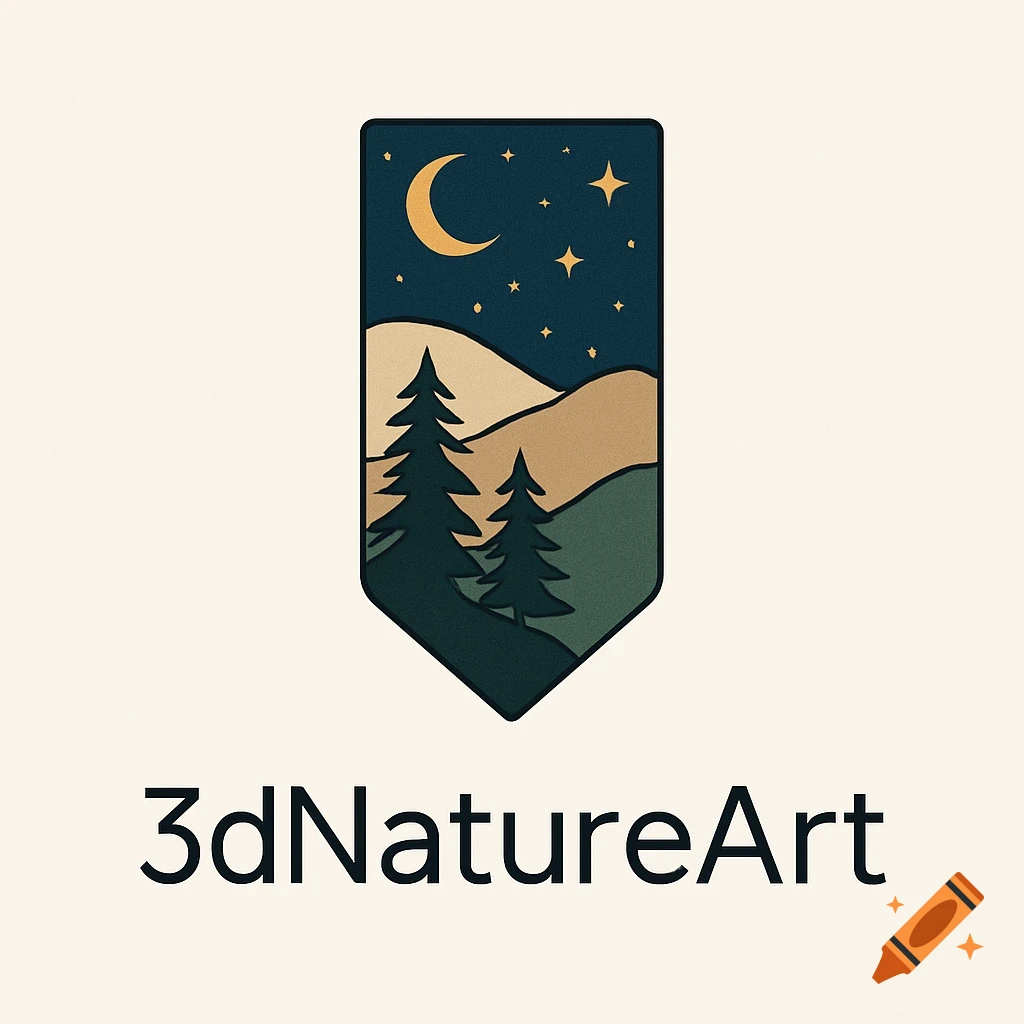 Minimalist logo with crescent moon, stars, trees, and hills inside a ...