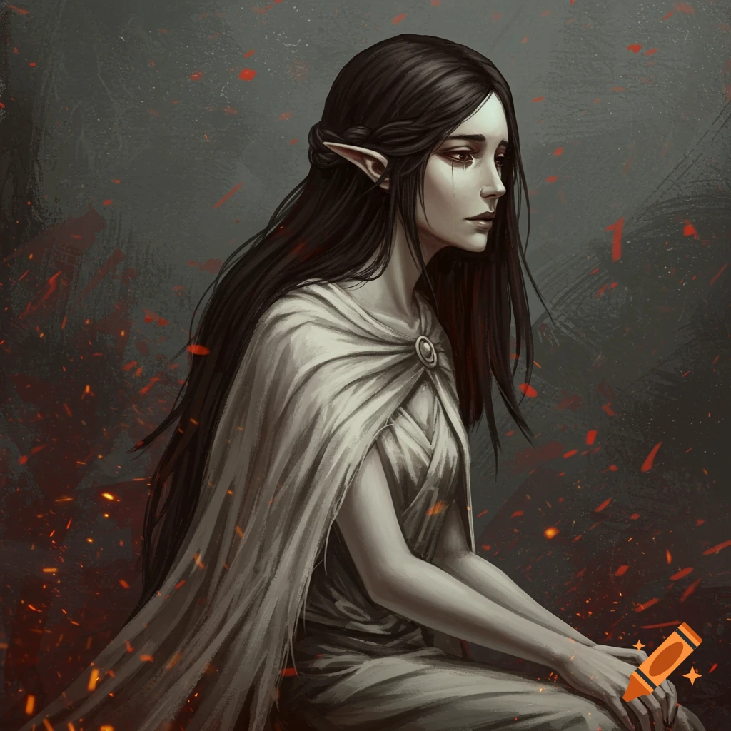 A somber fantasy character with long dark hair and pointed ears wears a ...