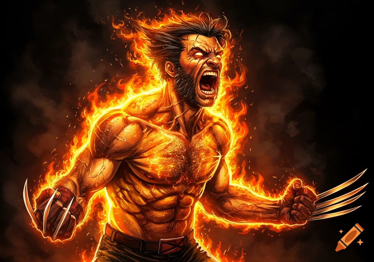 Stylized illustration of Wolverine on fire, screaming with claws ...