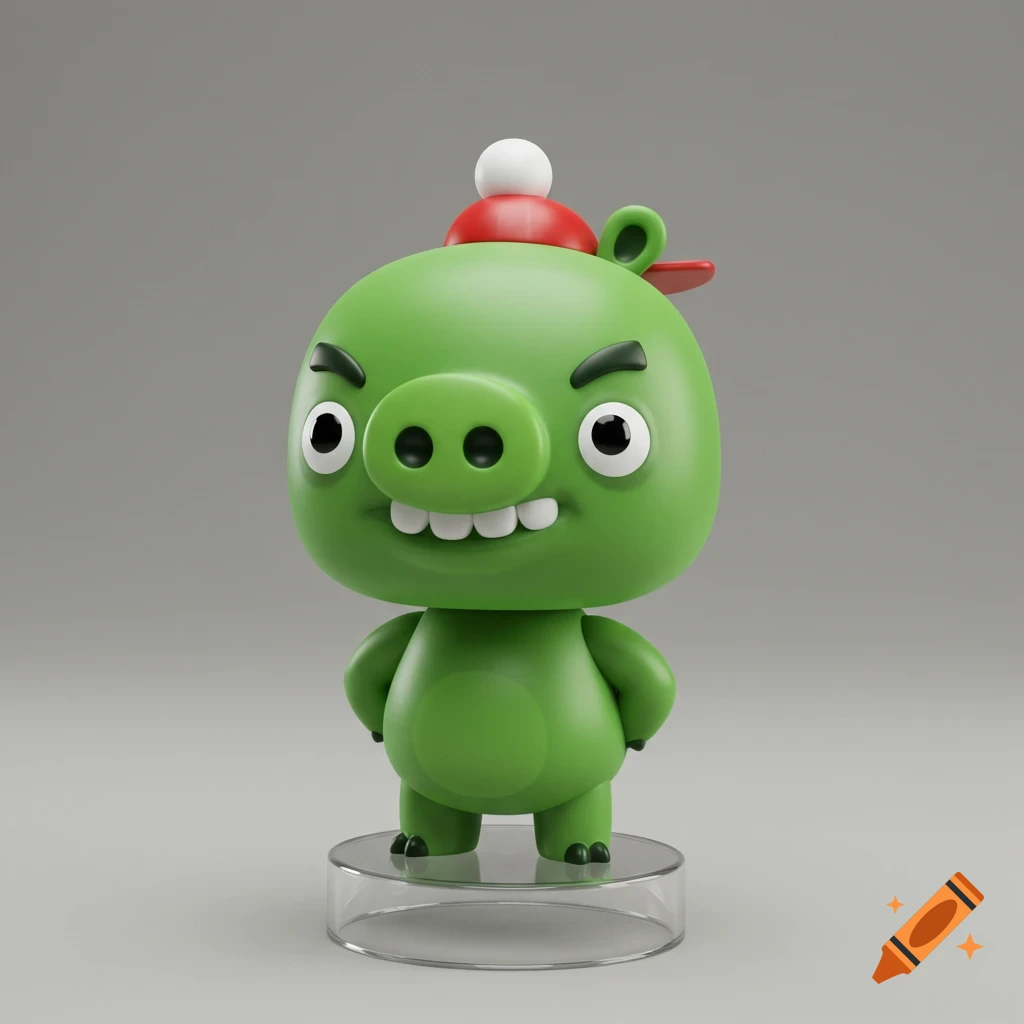 A 3D render of a green Angry Birds pig bobblehead wearing a red cap on ...