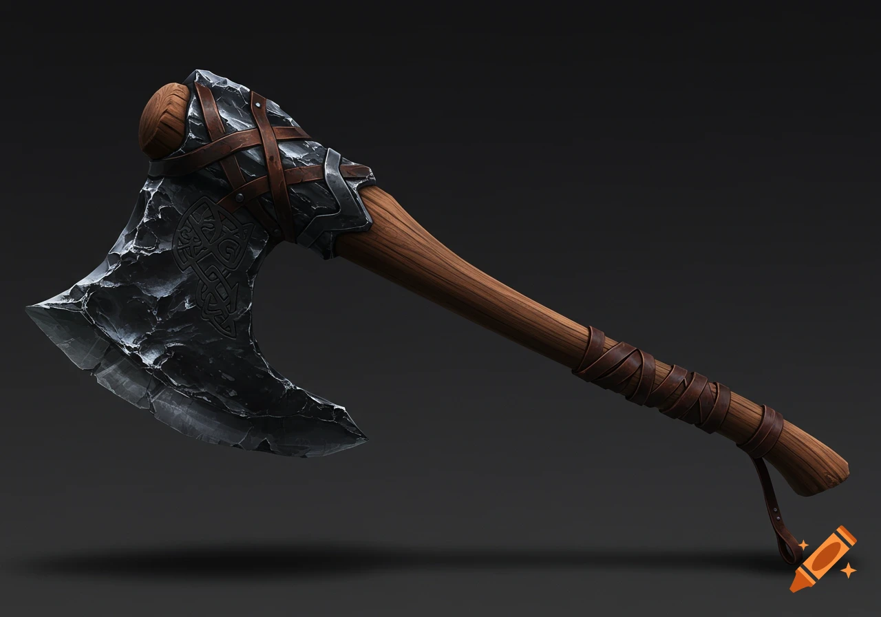 A stylized render of a battle axe with a textured metal head, wooden ...