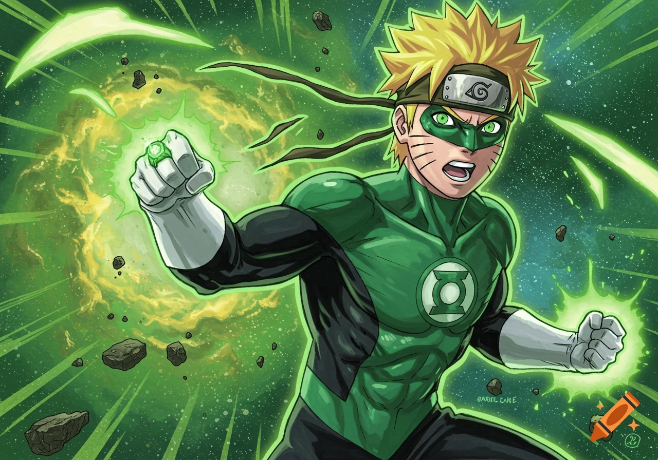 Naruto Uzumaki dressed as Green Lantern, wielding a power ring. on Craiyon