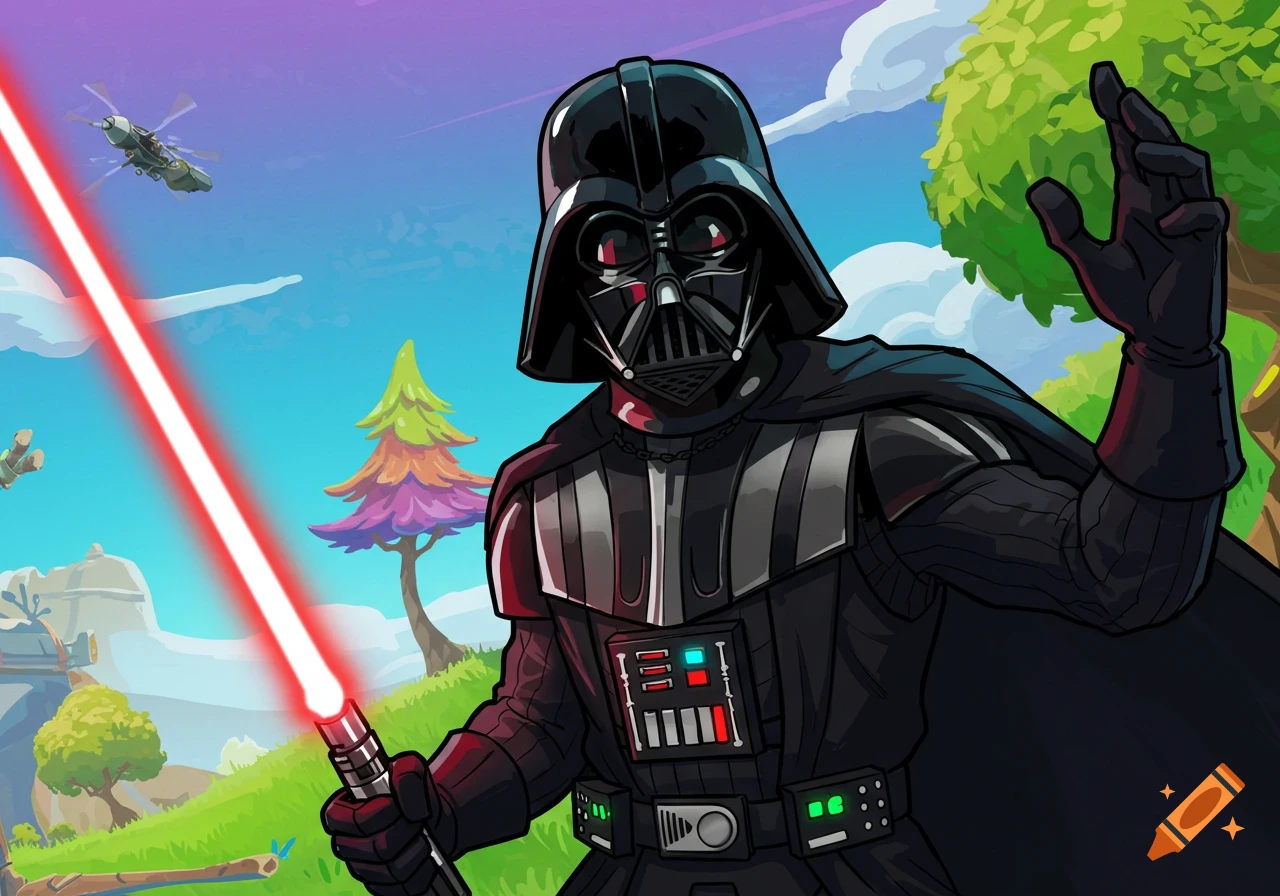 Cartoon Darth Vader with a red lightsaber in a bright, stylized ...