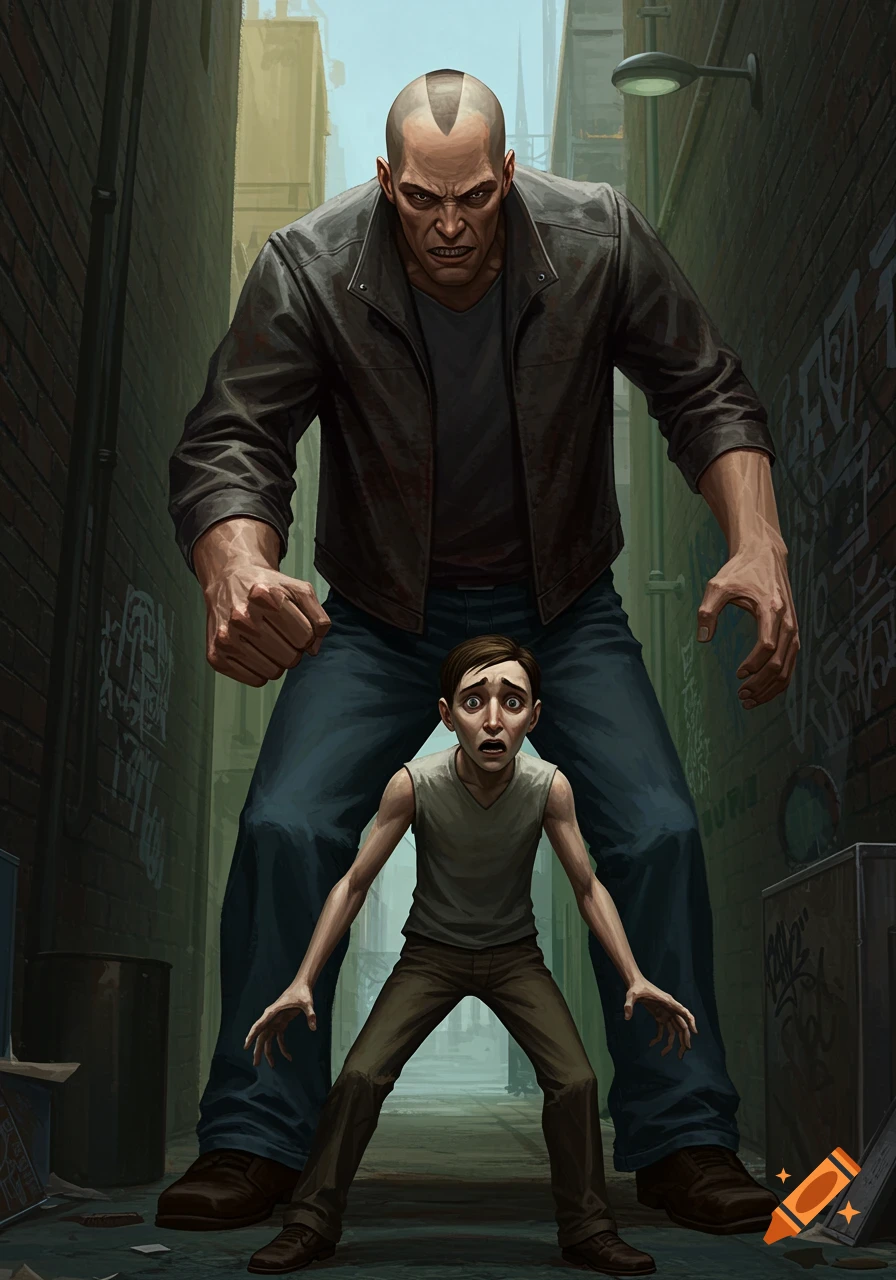 A large, intimidating man towers over a small, frightened person in a ...