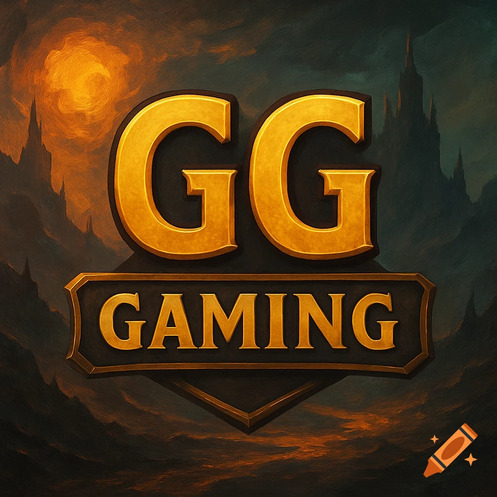 Golden 'GG GAMING' logo over a dark fantasy landscape with mountains ...