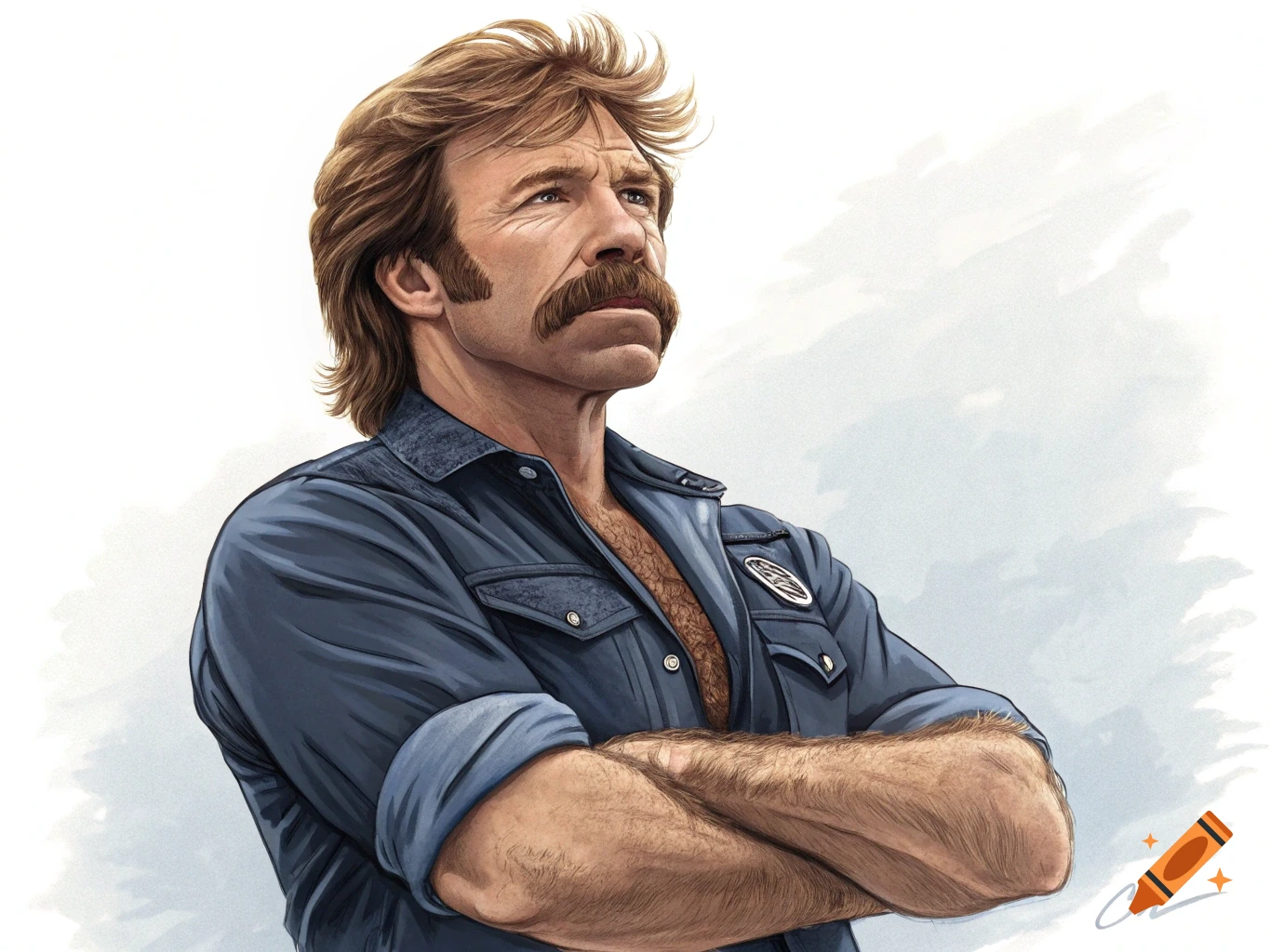 Illustration of Chuck Norris with a mustache and chest hair, looking up ...