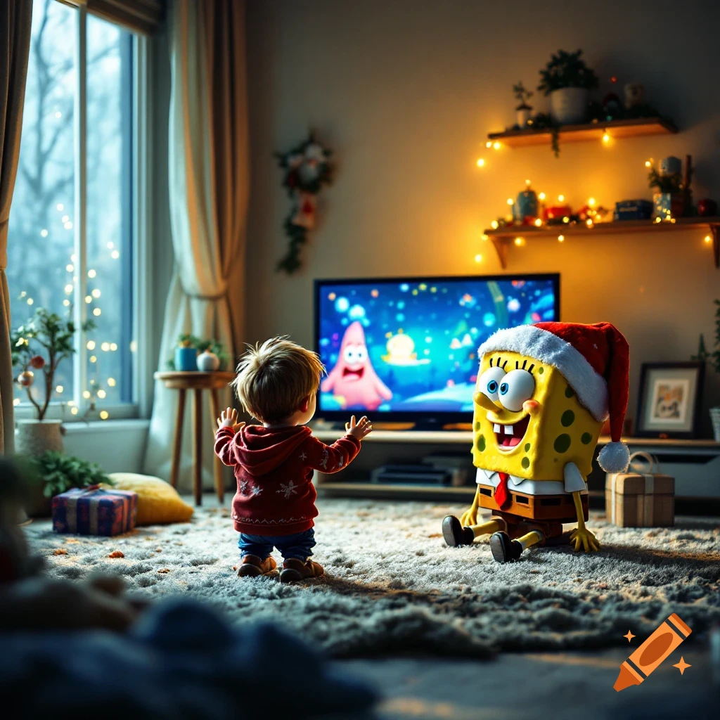 Child watching TV with SpongeBob toy in a Christmas living room on Craiyon