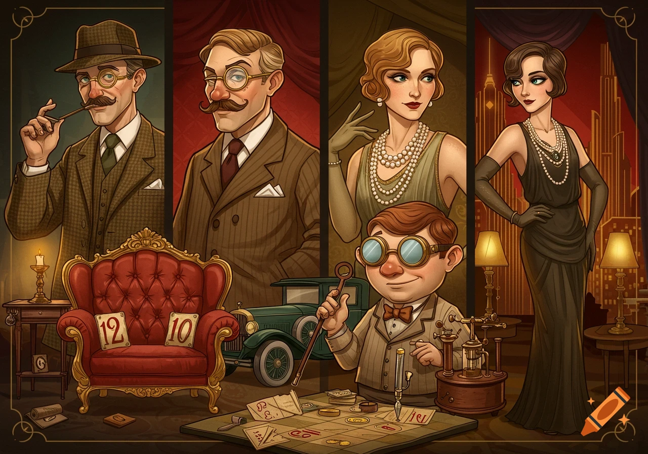 Illustration of five characters in 1920s attire with a vintage car and ...