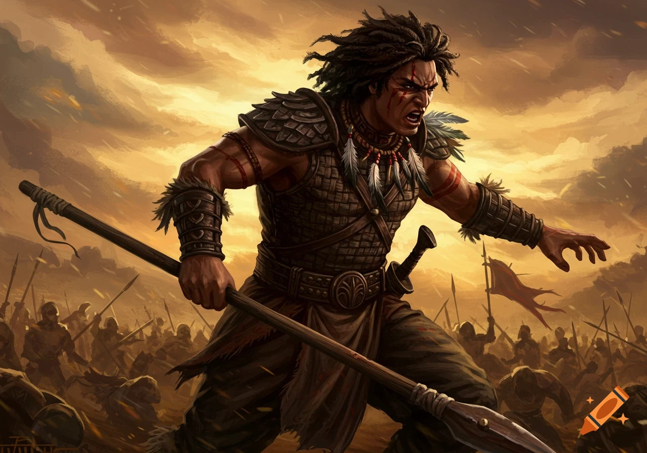 Fierce warrior with spear and sword leads charge in epic battle against ...