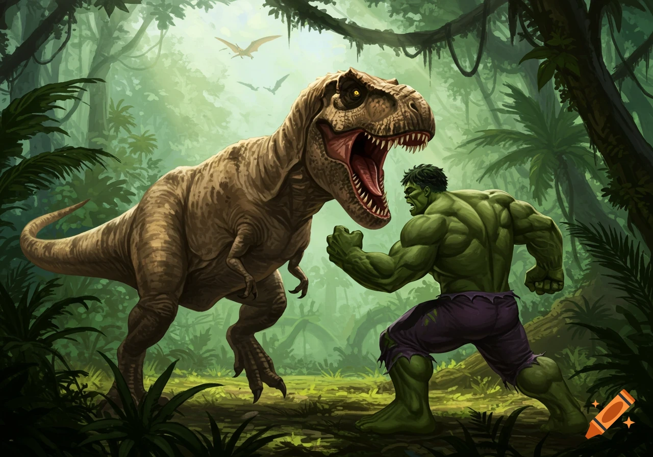 The Hulk battles a Tyrannosaurus Rex in a dense jungle, digital art. on ...