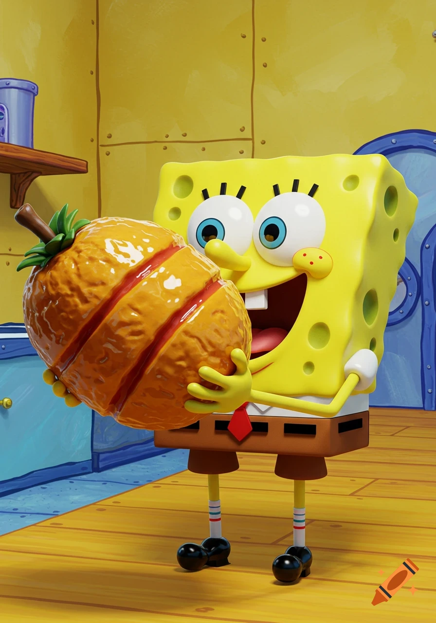 SpongeBob SquarePants holding a large grilled fruit in a kitchen. on ...