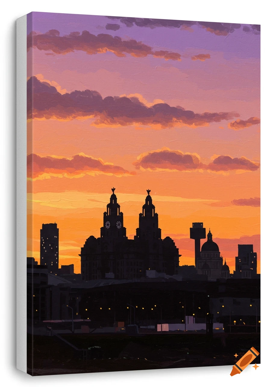 Painted silhouette of the Liverpool skyline at sunset. on Craiyon