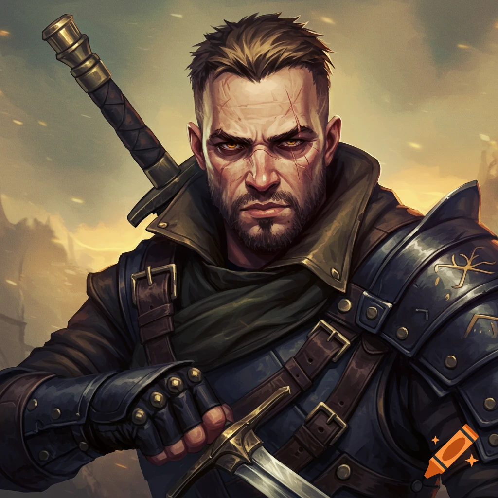 Close-up of a rugged fantasy warrior character with scars, glowing eyes ...