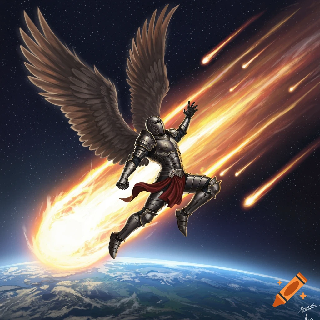 An armored angel with wings falls through space toward Earth amidst a ...
