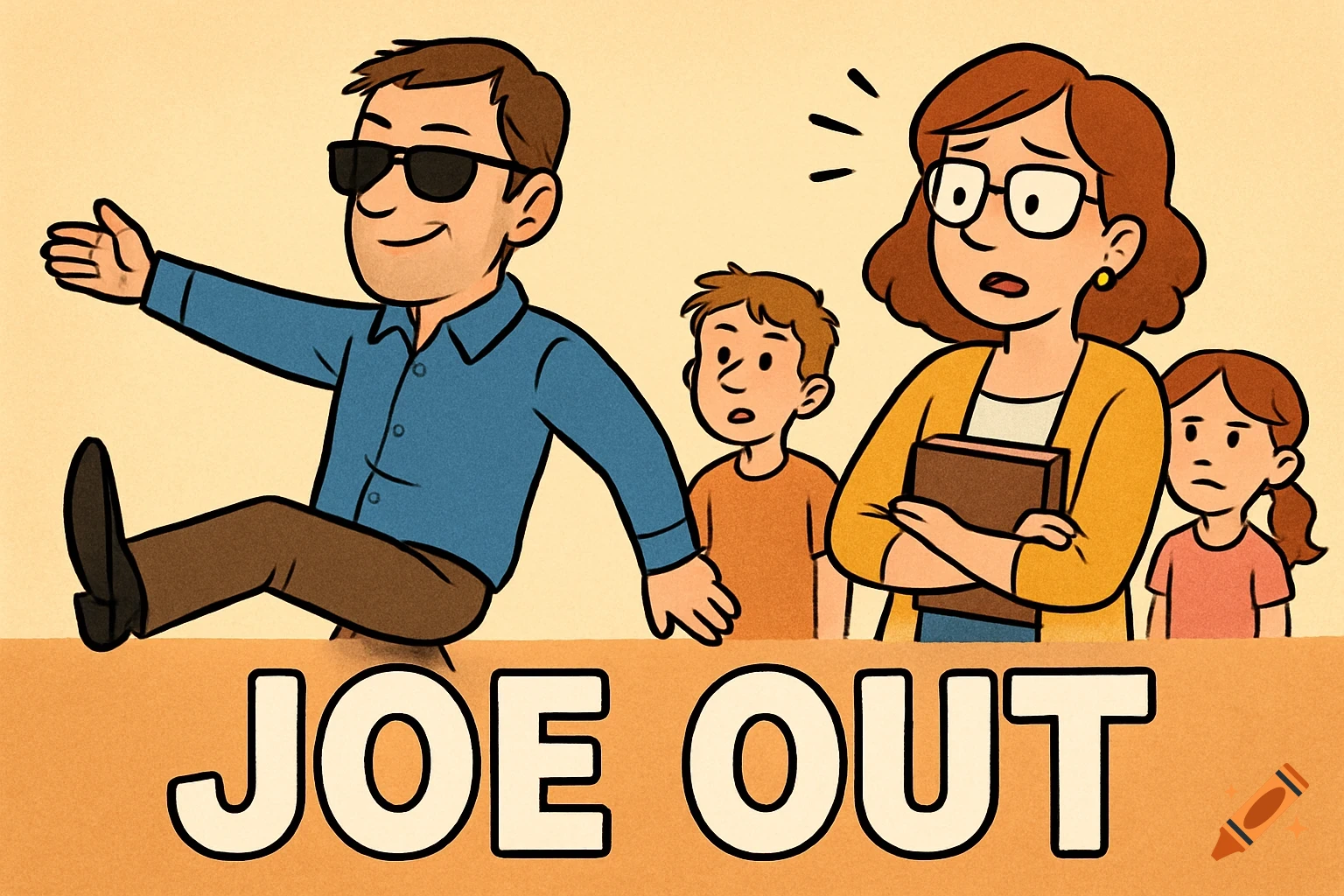 Cartoon of a man stepping out while a woman and two kids look concerned ...