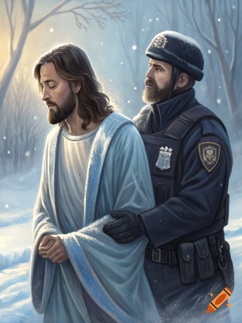 Painting of Jesus with a police officer in a snowy forest. on Craiyon