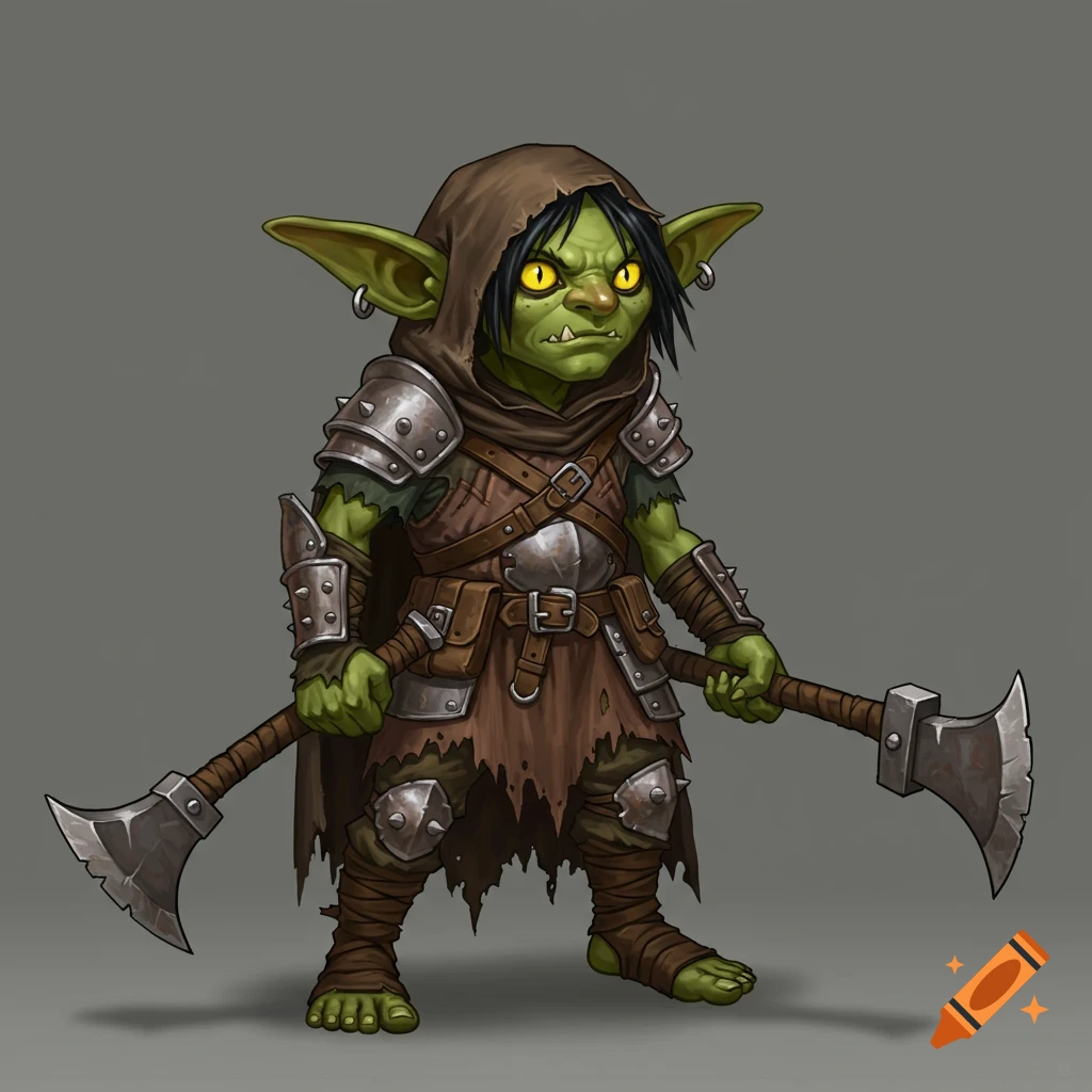 A green-skinned goblin wearing armor and a hood, holding two axes. on ...