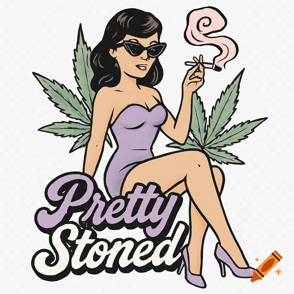 Retro illustration of a pin-up woman holding a joint with cannabis ...
