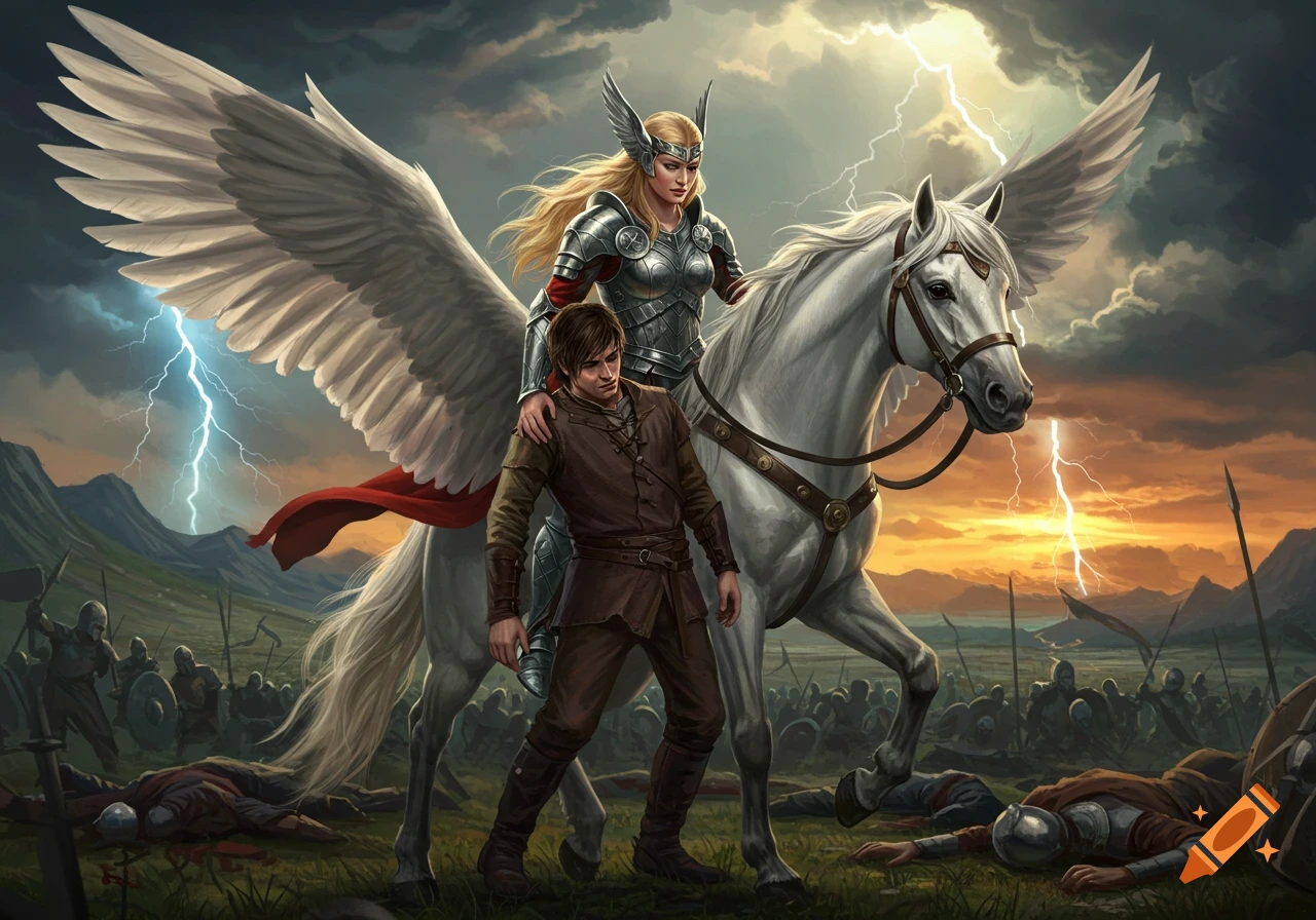 A valkyrie in armor rides a white pegasus carrying a man away from a ...