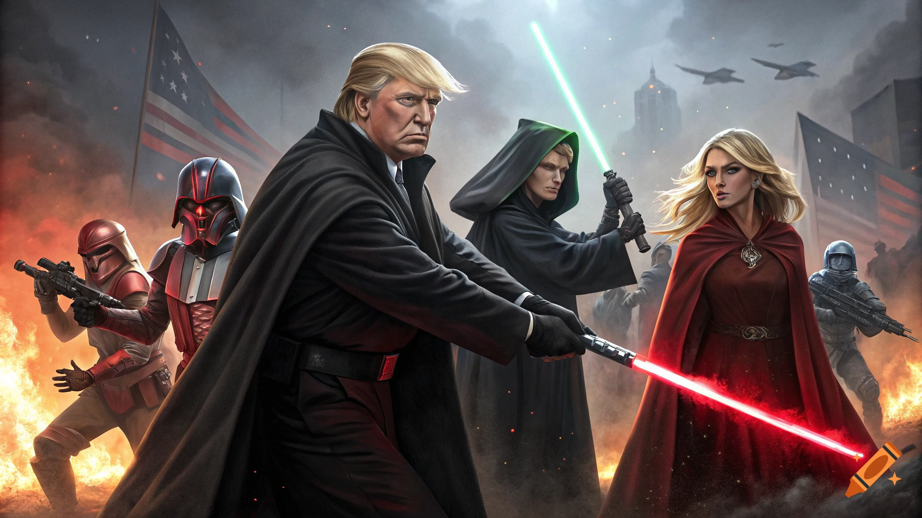 Donald Trump and figures as Sith Lords and troopers in a fantasy battle ...