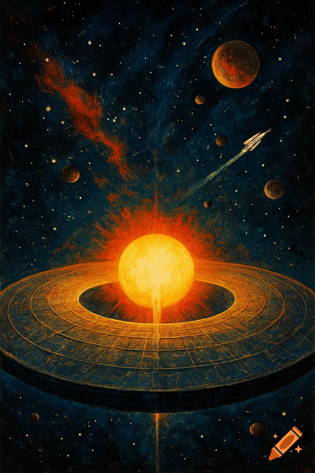 An Alderson disk megastructure around a star, with planets and a ...