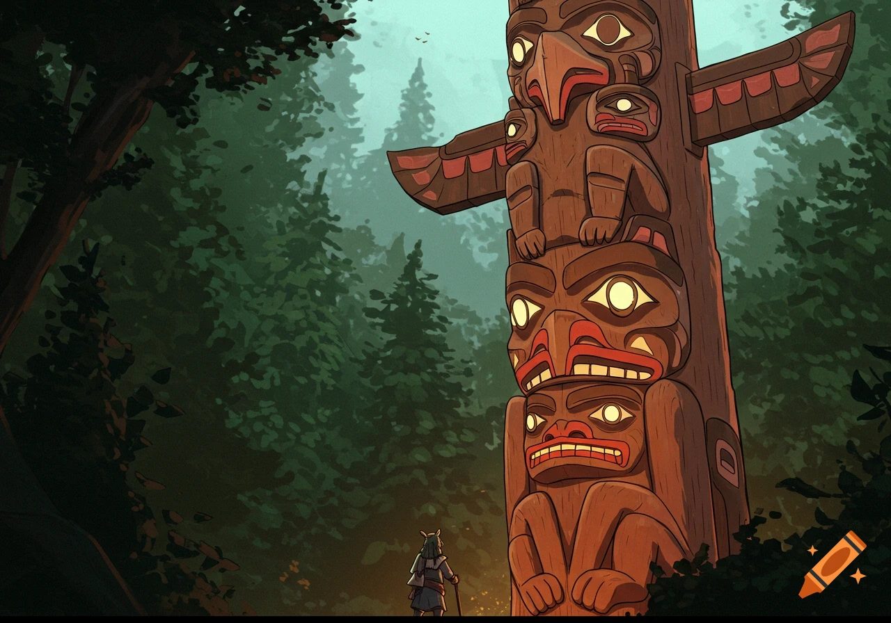 An illustrated scene of a figure looking up at a large totem pole in a ...