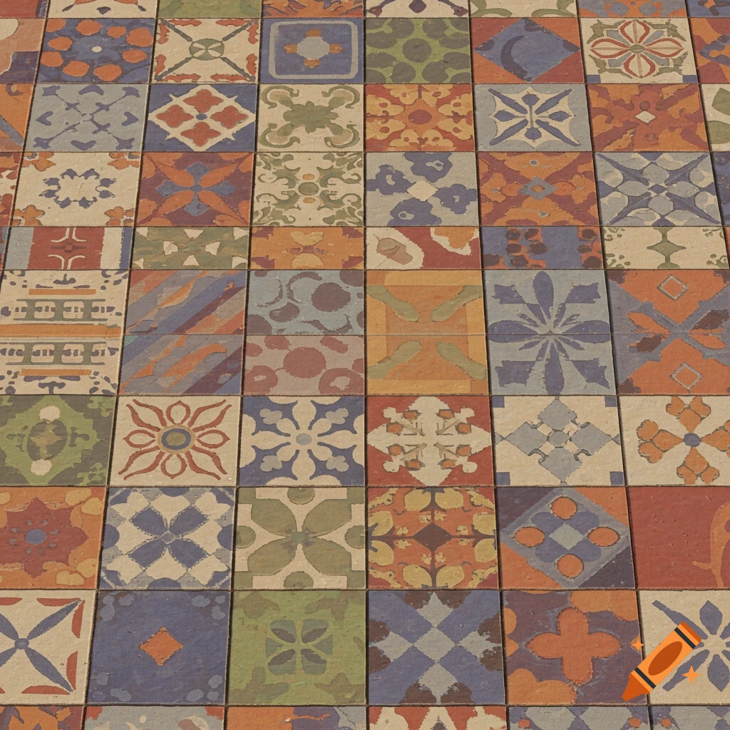 Colorful tiled floor with various geometric and floral patterns. on Craiyon