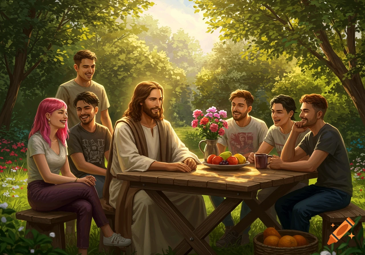 Jesus sits at a table in a sunny garden with a group of modern-looking ...