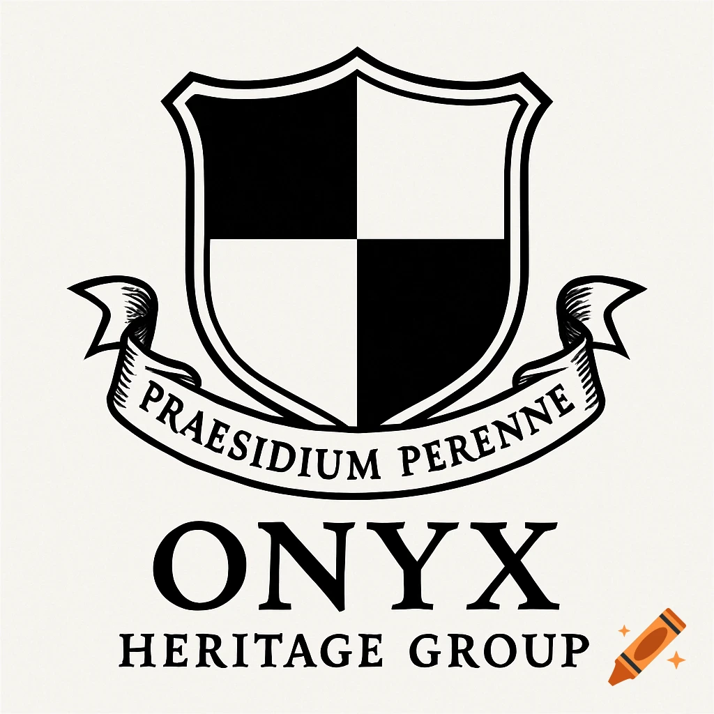 Black and white shield logo with a ribbon below reading "Praesidium ...