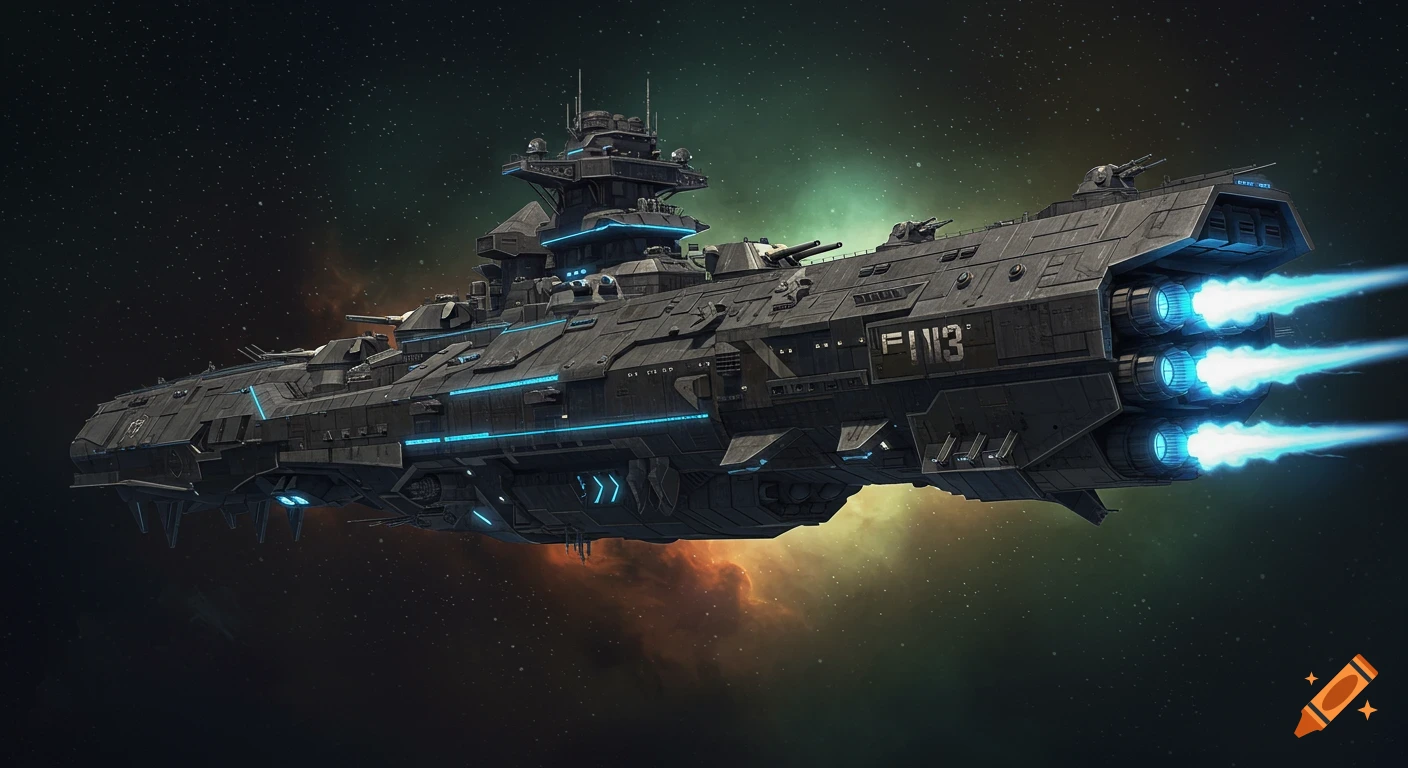 A large, detailed space battle cruiser flying through a nebula on Craiyon