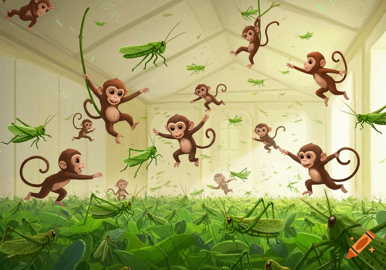 Cartoon monkeys and grasshoppers jump in a sunny room. on Craiyon